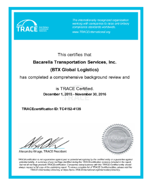 BTX Global Logistics is awarded TRACE Certification